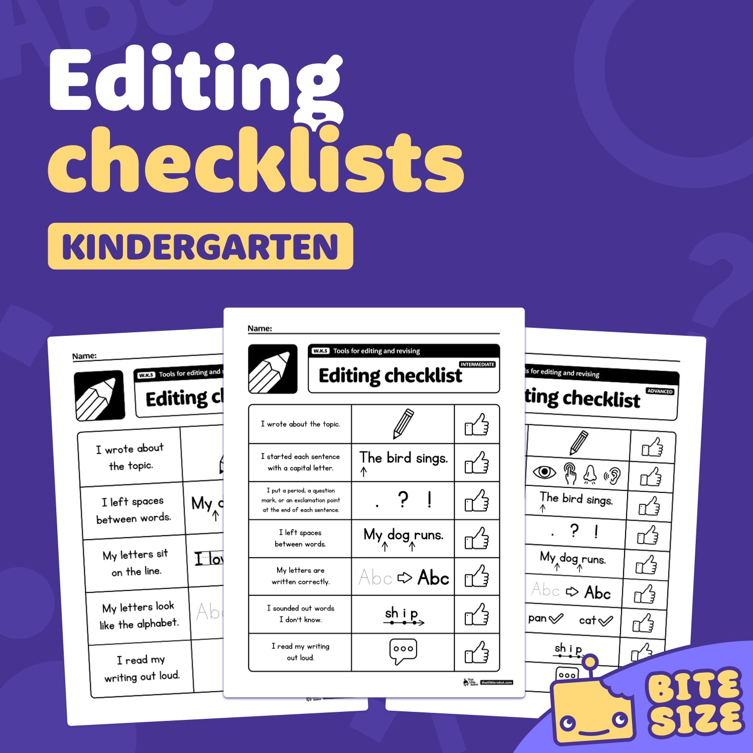 Kindergarten Editing Checklists | W.K.5 – That Little Robot