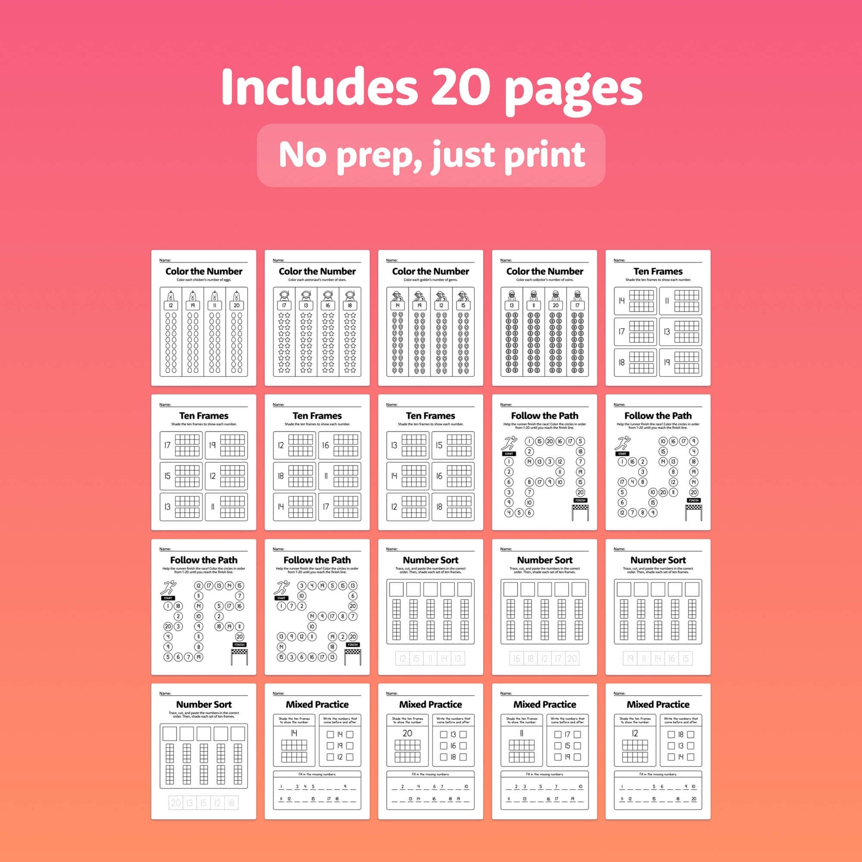 Counting: 11-20 Worksheets (Printable PDF) – That Little Robot