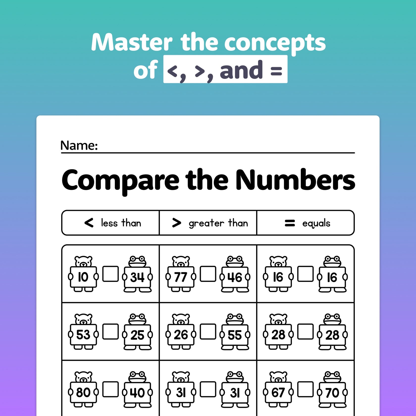 Comparing 2-Digit Numbers Worksheets (Printable PDF) – That Little Robot