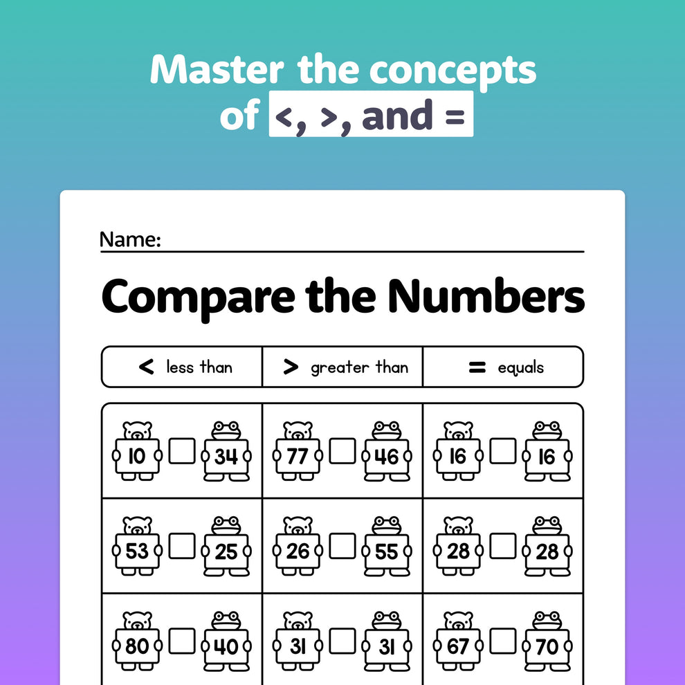 Comparing 2-Digit Numbers Worksheets (Printable PDF) – That Little Robot