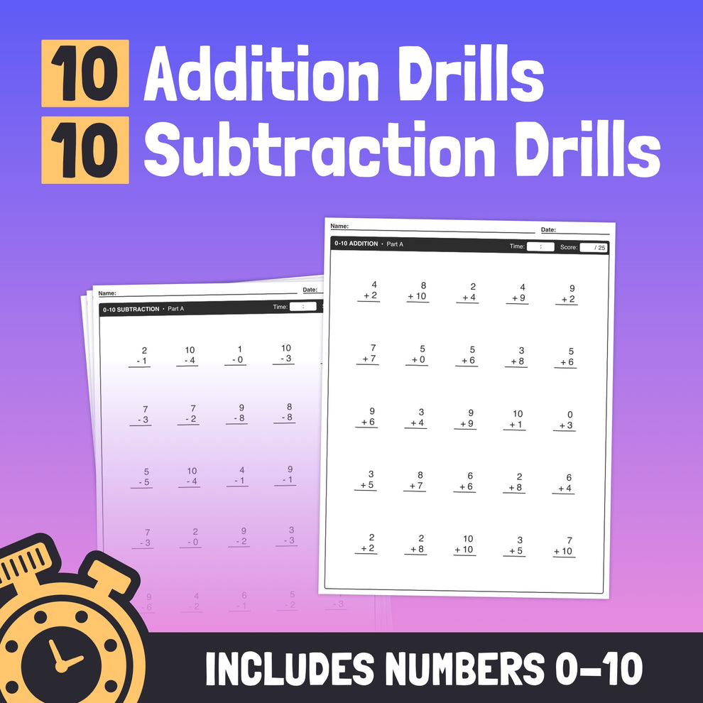 0-10 Addition and Subtraction Drills (Printable PDF) – That Little Robot