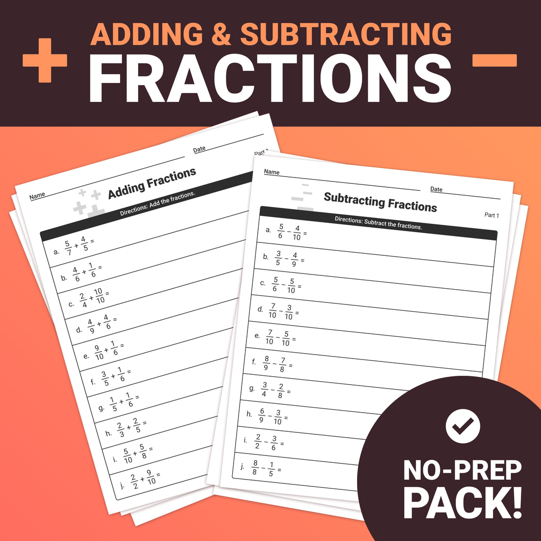 Adding and Subtracting Fractions Assessments (Printable PDF) – That ...