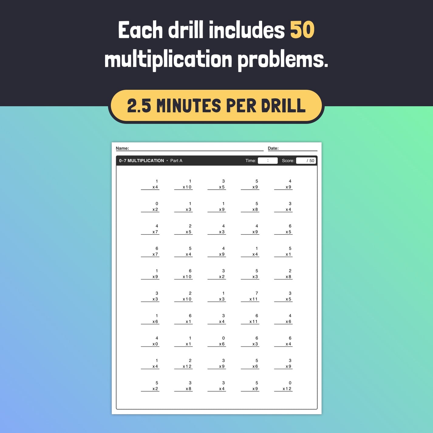 Multiplication Drills (50 Per Page) – That Little Robot