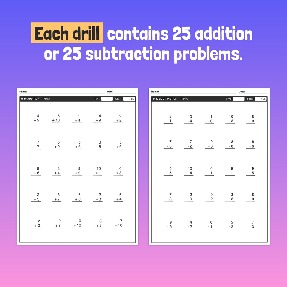 0-10 Addition and Subtraction Drills (Printable PDF) – That Little Robot