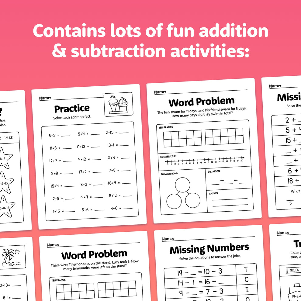 Summer Addition & Subtraction to 20 Worksheets – That Little Robot